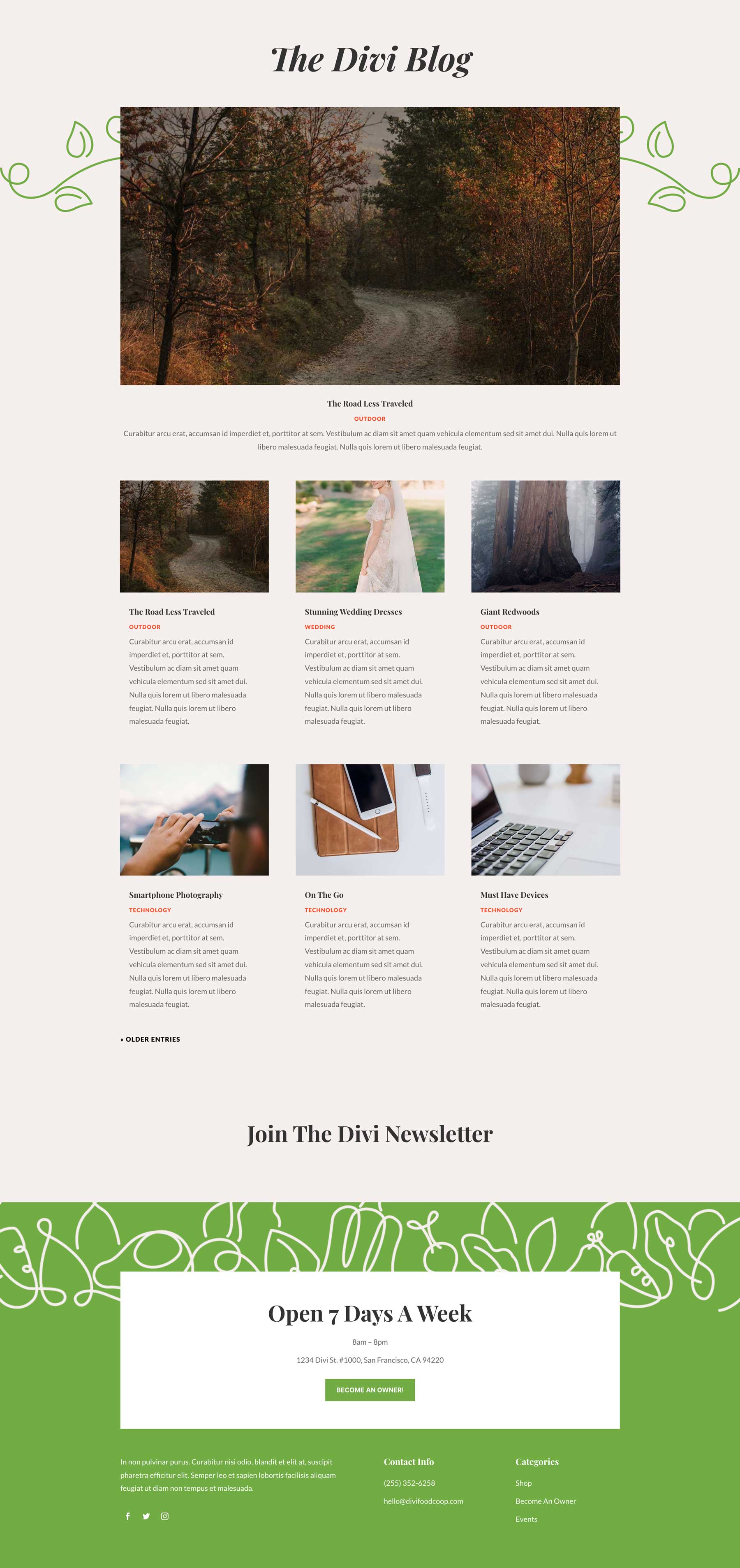 Food Co Op Blog Page Divi Layout by Elegant Themes