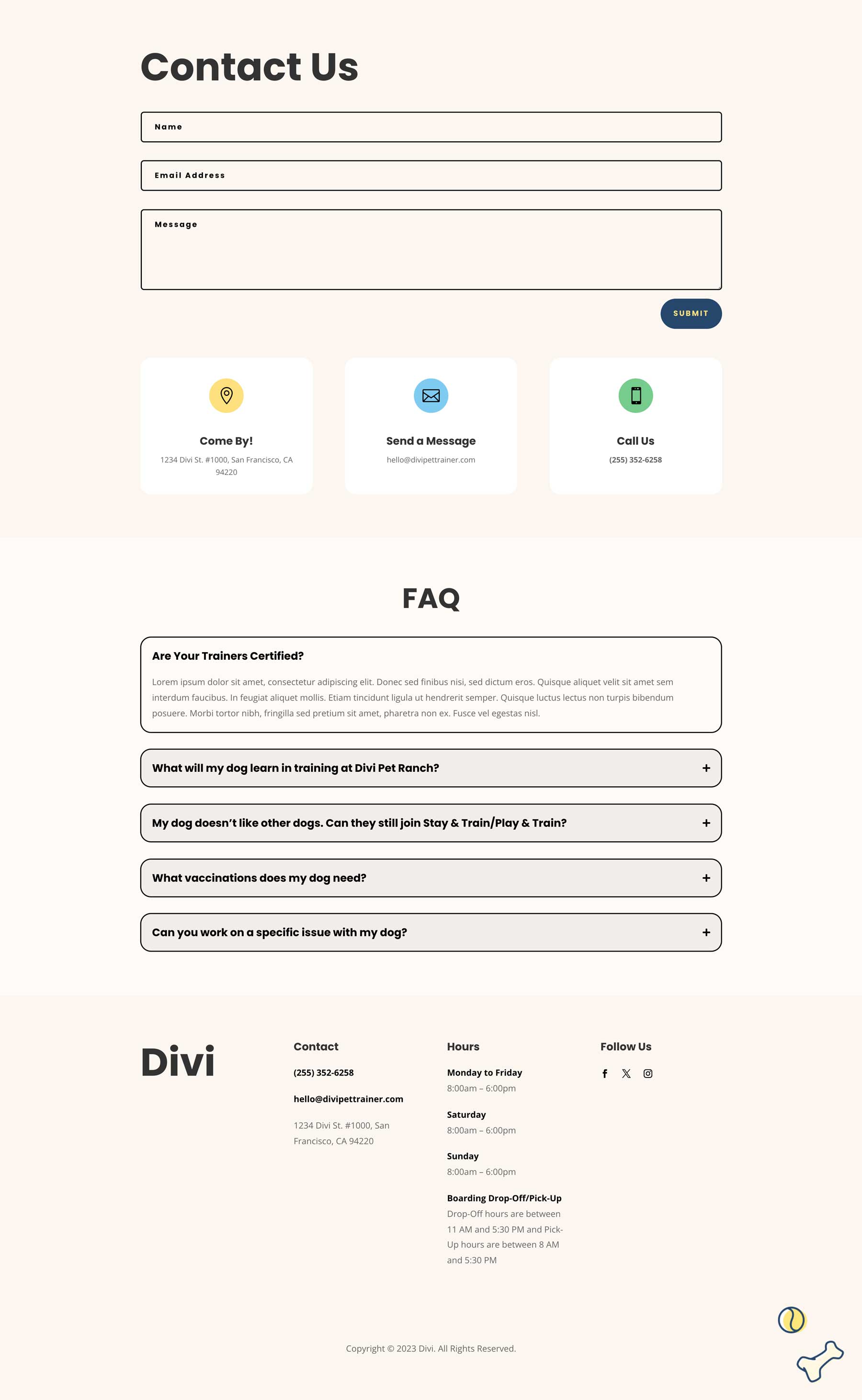 Pet Trainer Contact Page Divi Layout by Elegant Themes