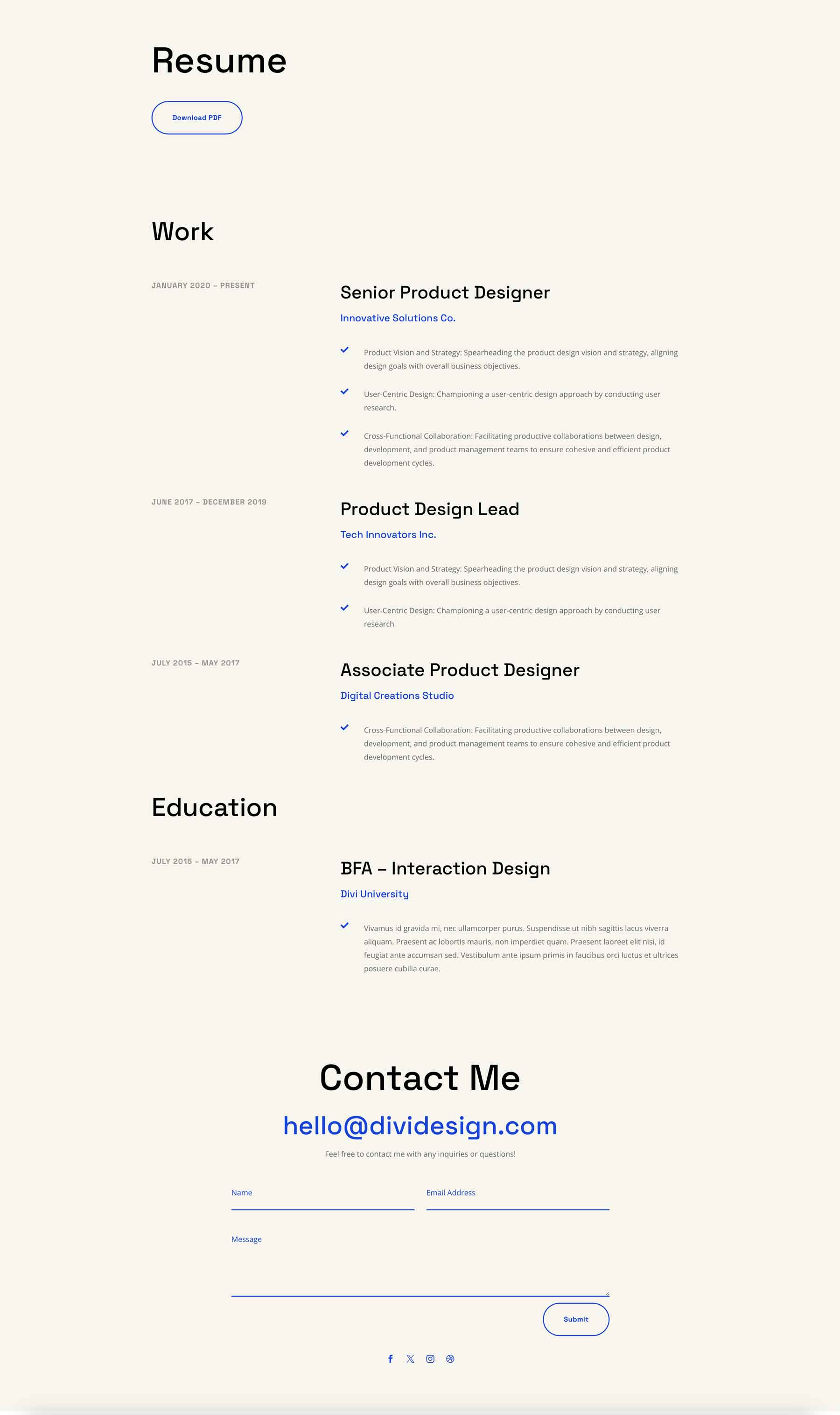 Design Portfolio Resume Page Divi Layout by Elegant Themes