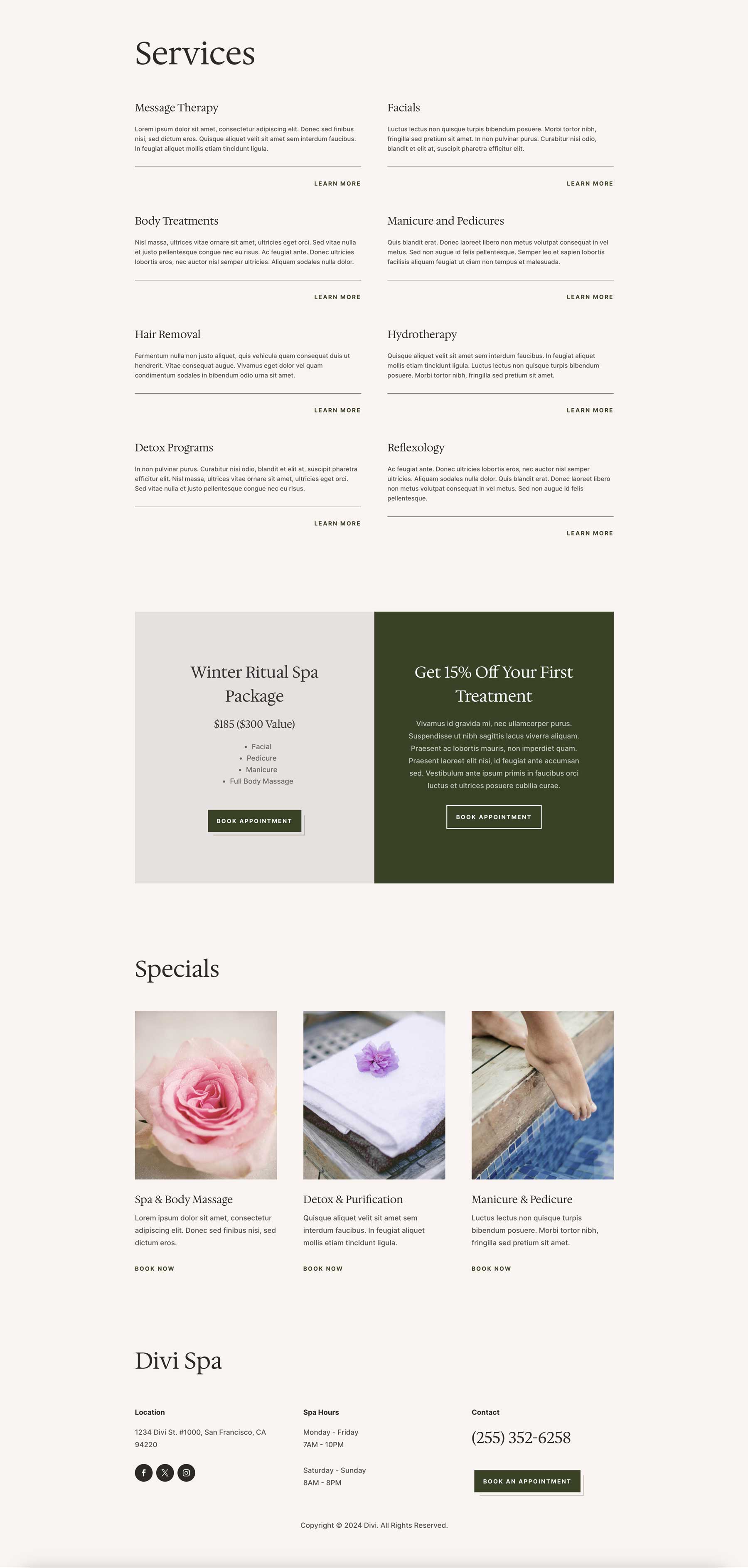 Spa Services Page Divi Layout by Elegant Themes