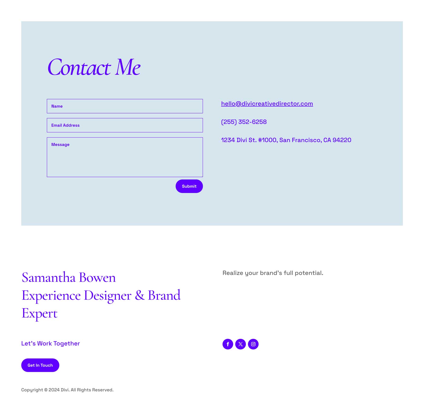 Creative Director Contact Page Divi Layout by Elegant Themes