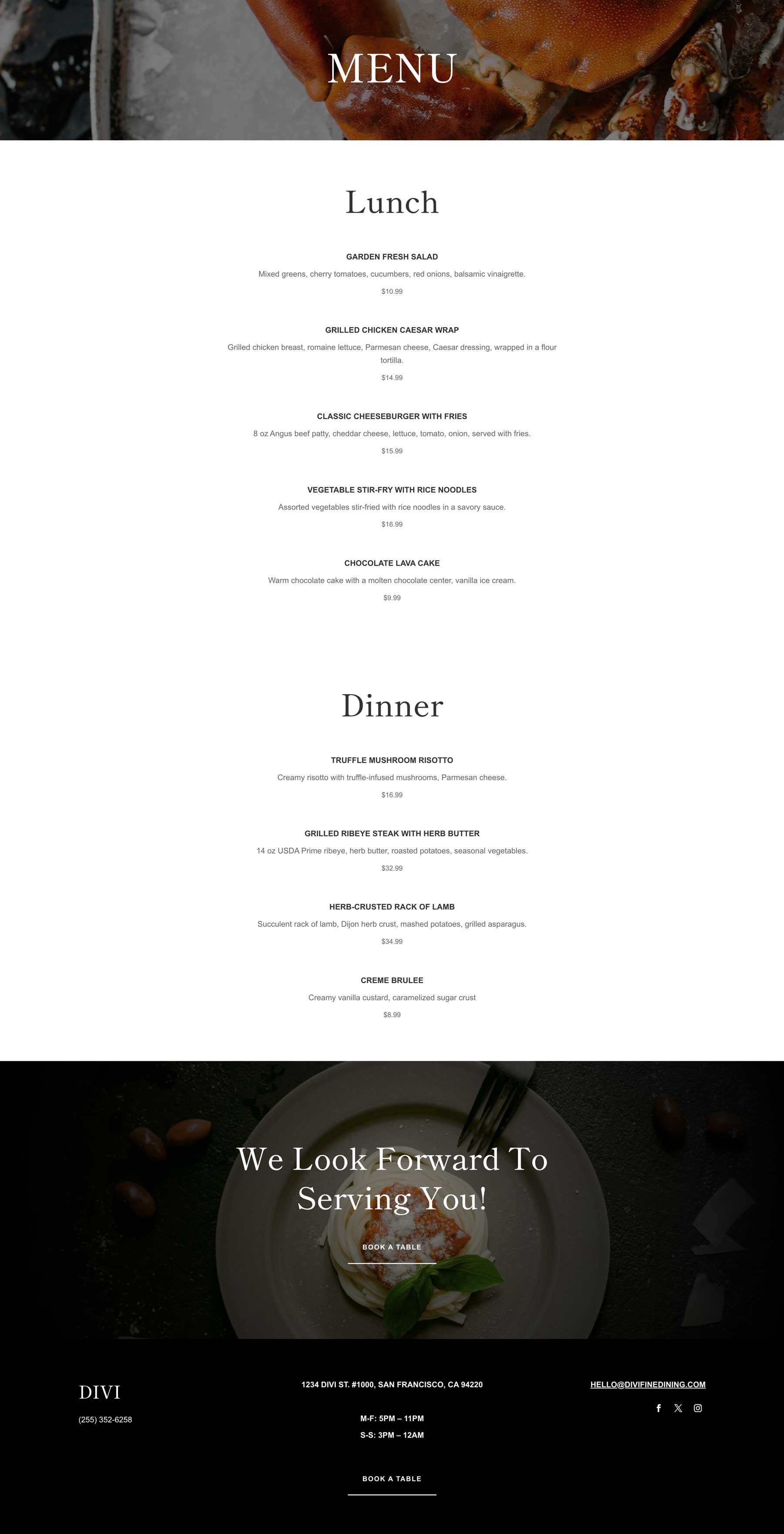 Fine Dining Menu Page Divi Layout by Elegant Themes