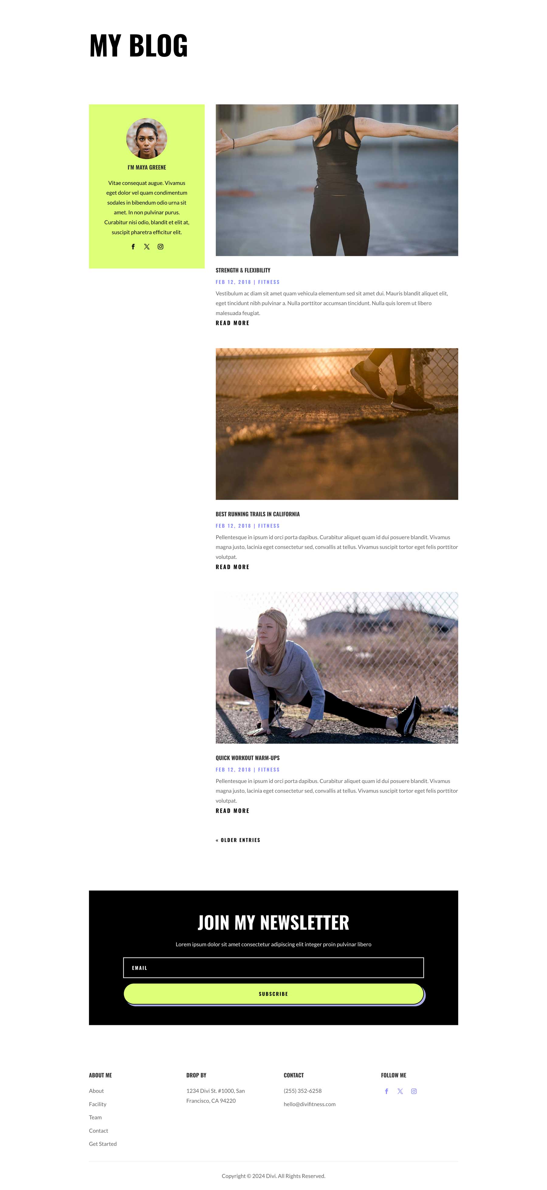 Fitness Trainer Blog Page Divi Layout by Elegant Themes