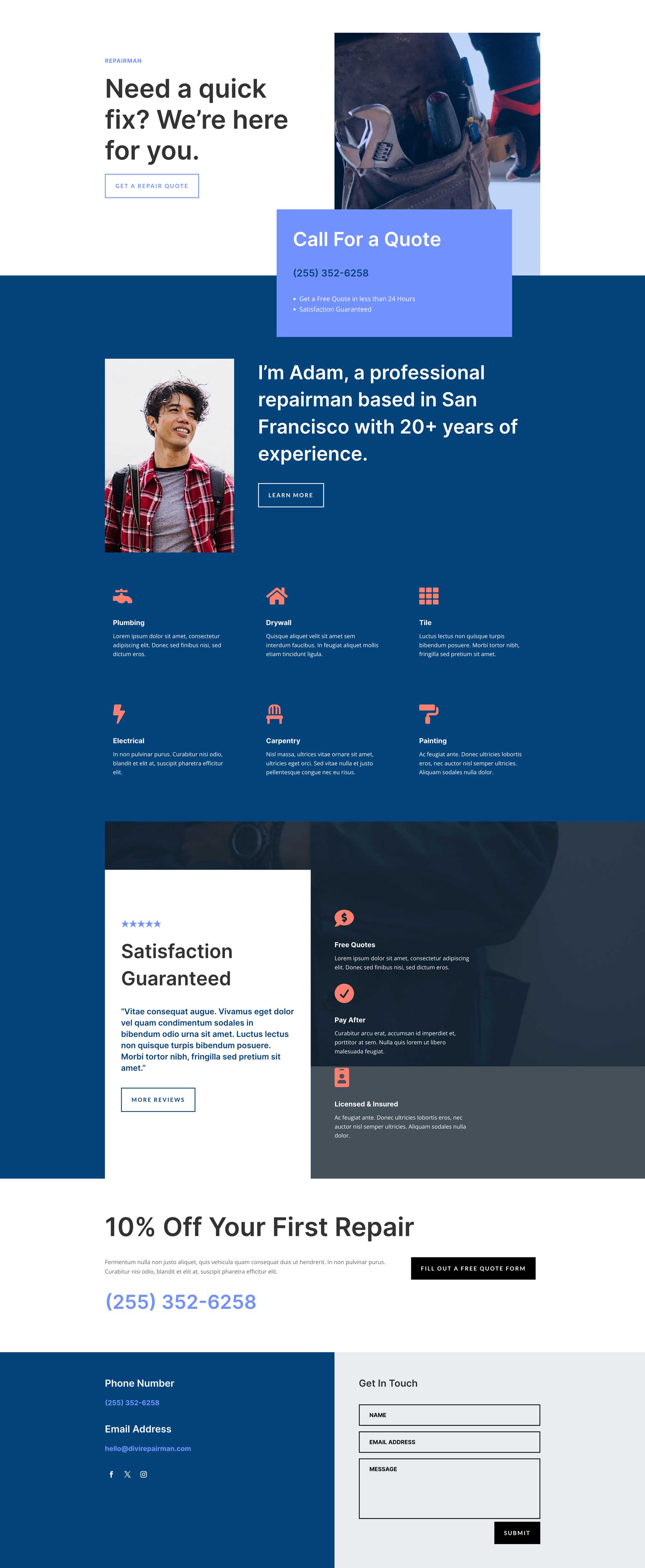 Repairman Landing Page Divi Layout by Elegant Themes