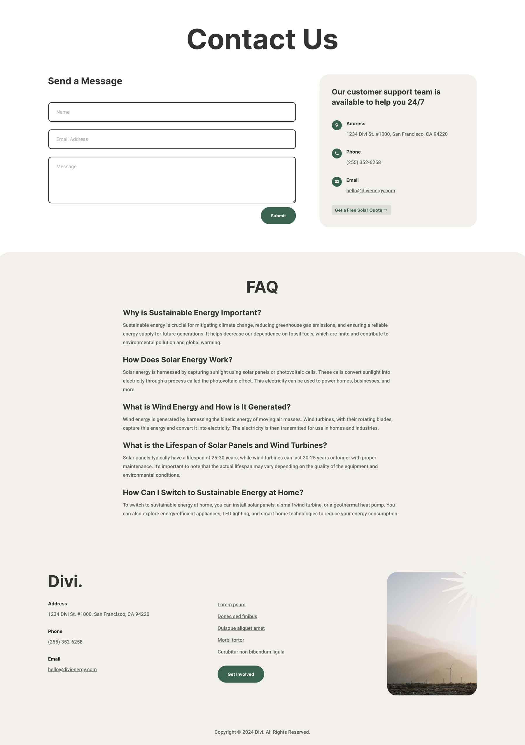 Sustainable Energy Contact Page Divi Layout by Elegant Themes