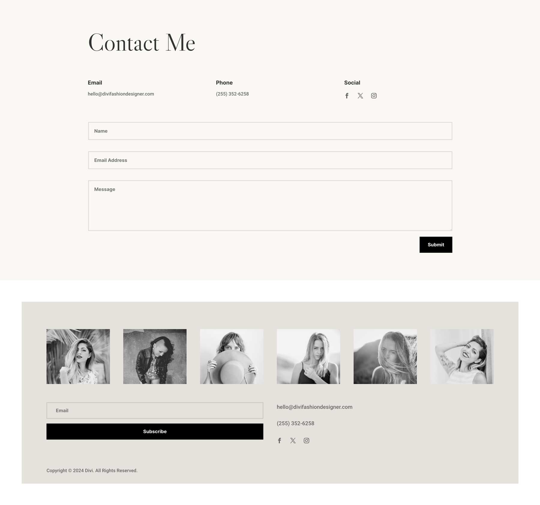 Clothing Designer Contact Page Divi Layout by Elegant Themes