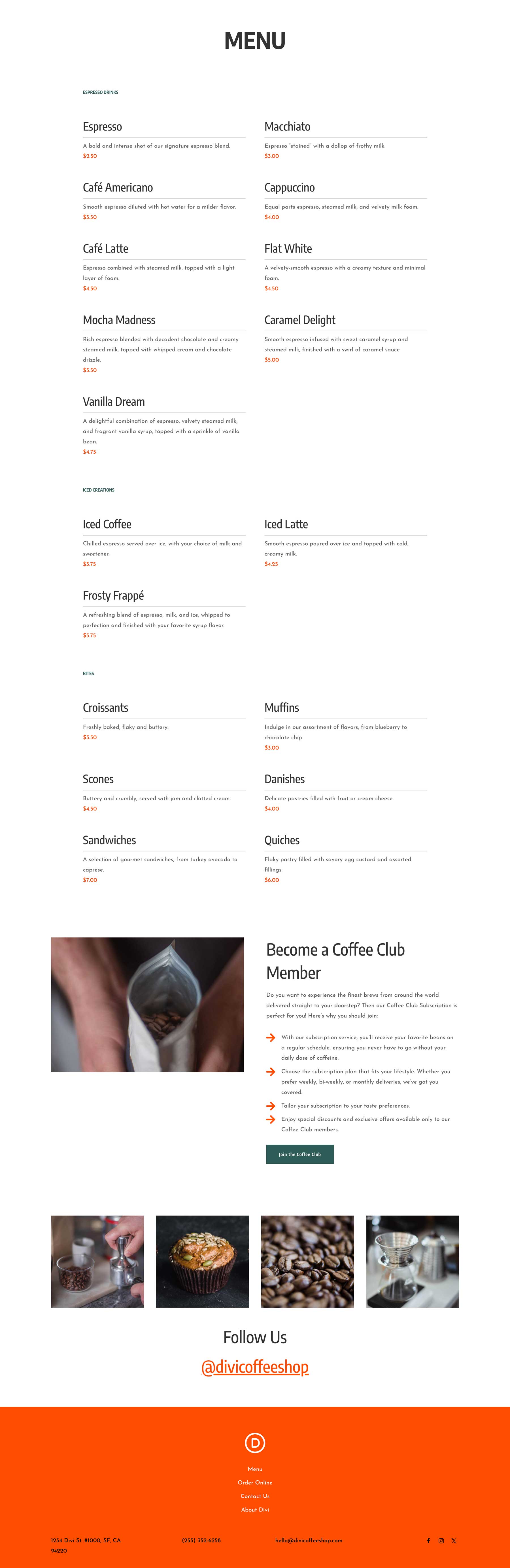 Coffee House Menu Page Divi Layout by Elegant Themes