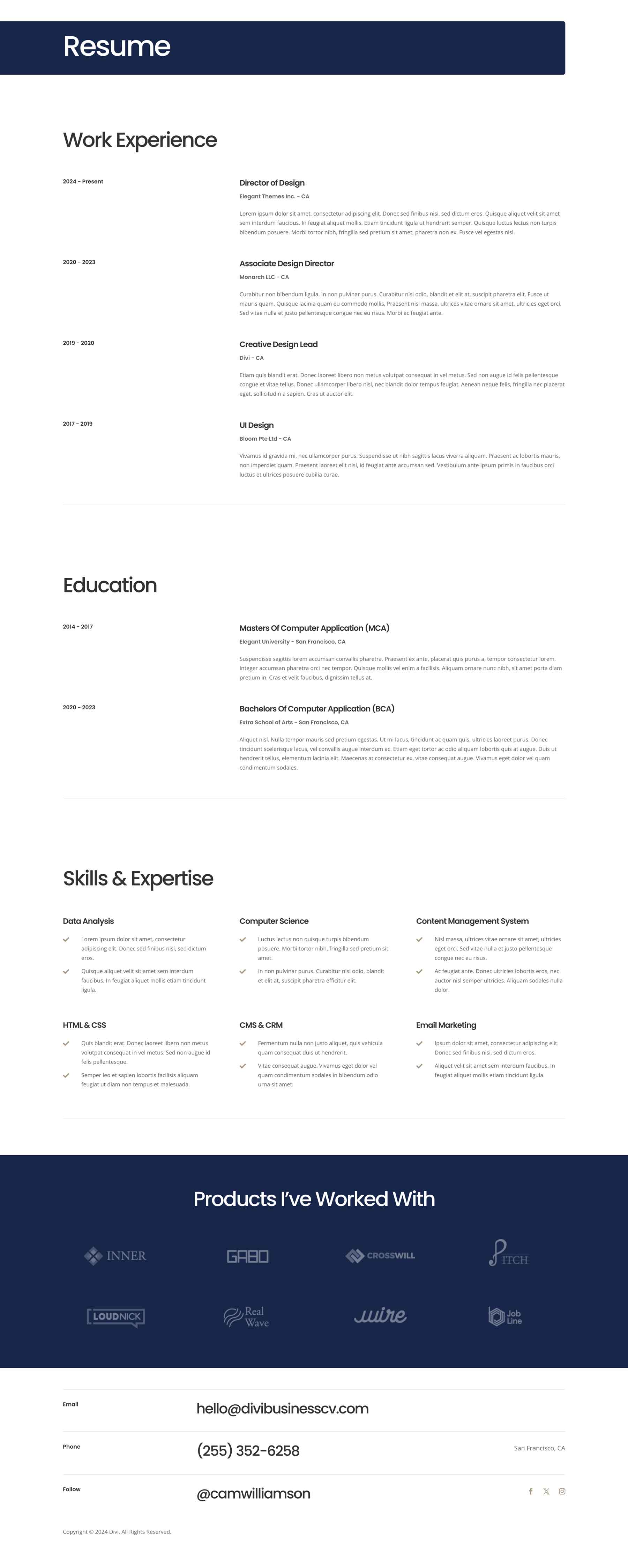 Business CV Resume Page Divi Layout by Elegant Themes