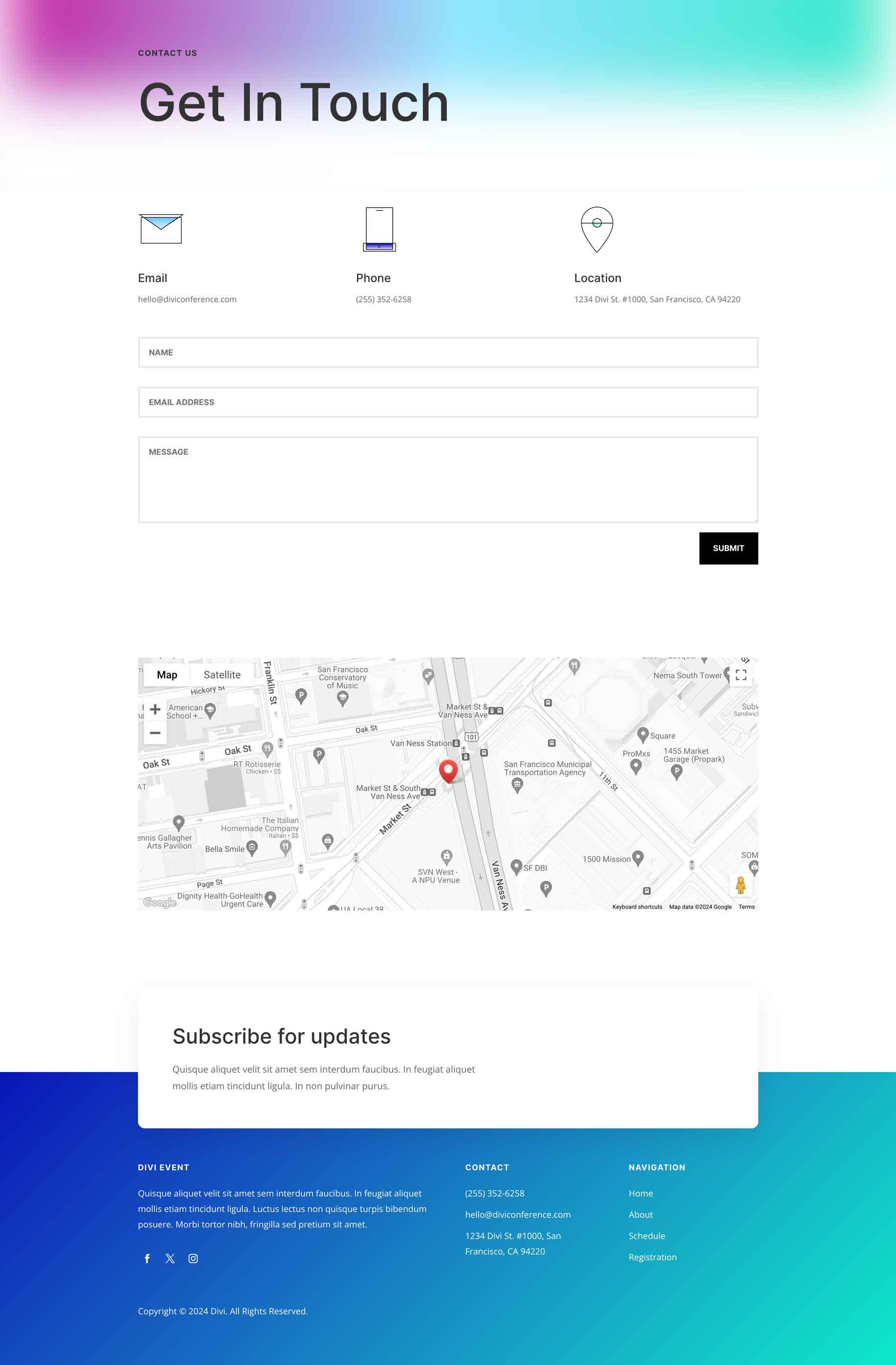 Conference Event Contact Page Divi Layout by Elegant Themes