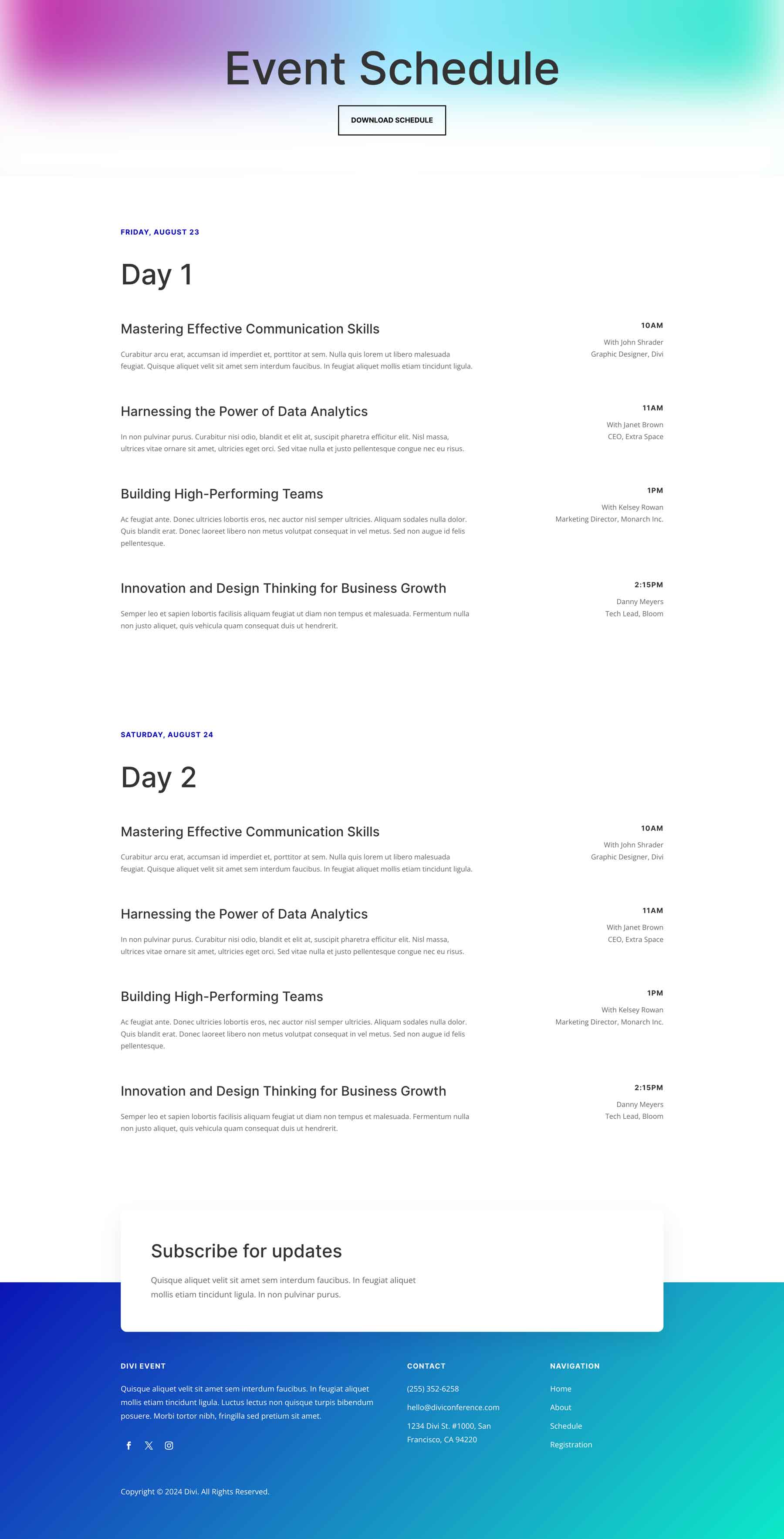 Conference Event Schedule Page Divi Layout by Elegant Themes