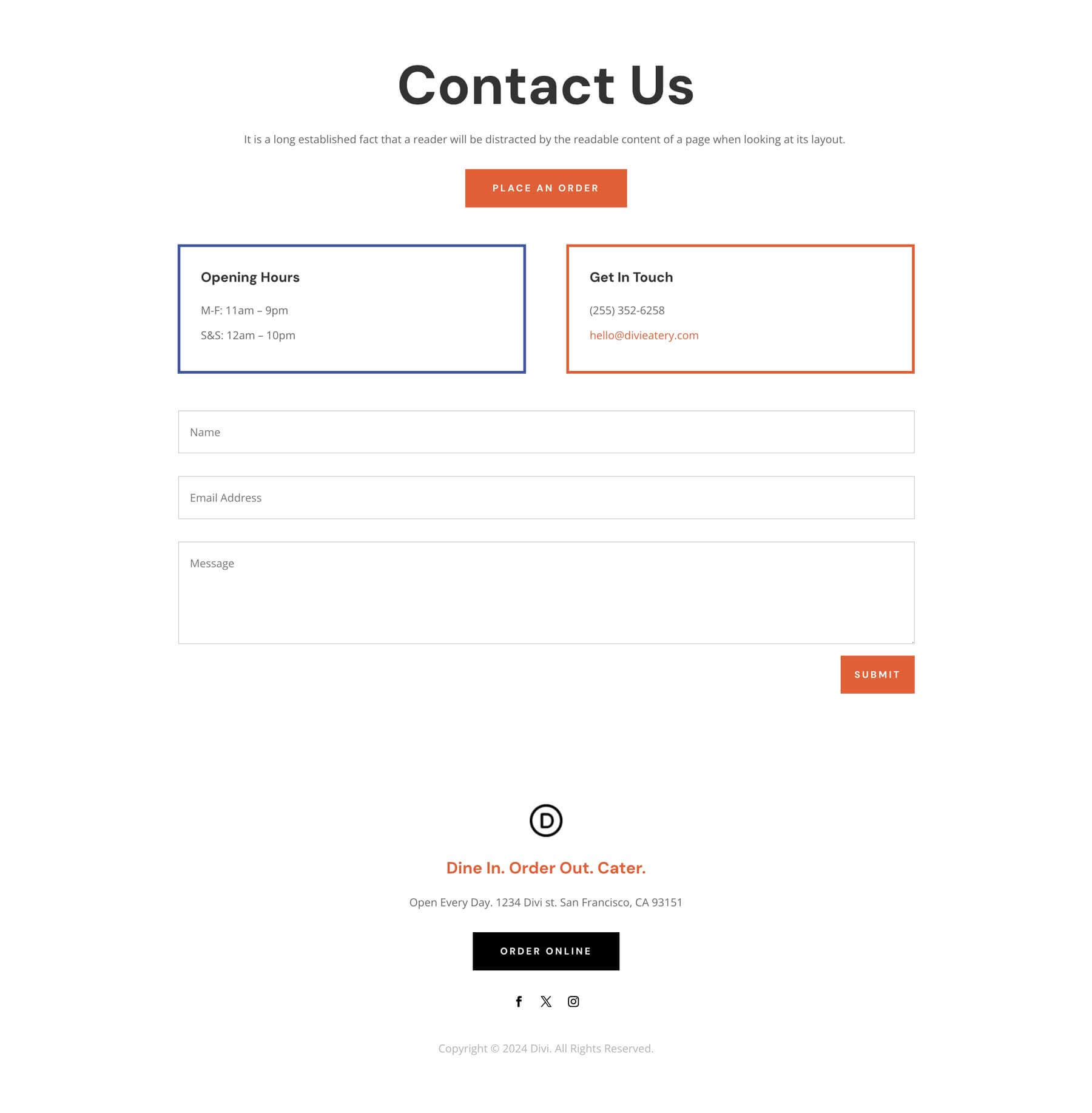 Eatery Contact Page Divi Layout by Elegant Themes
