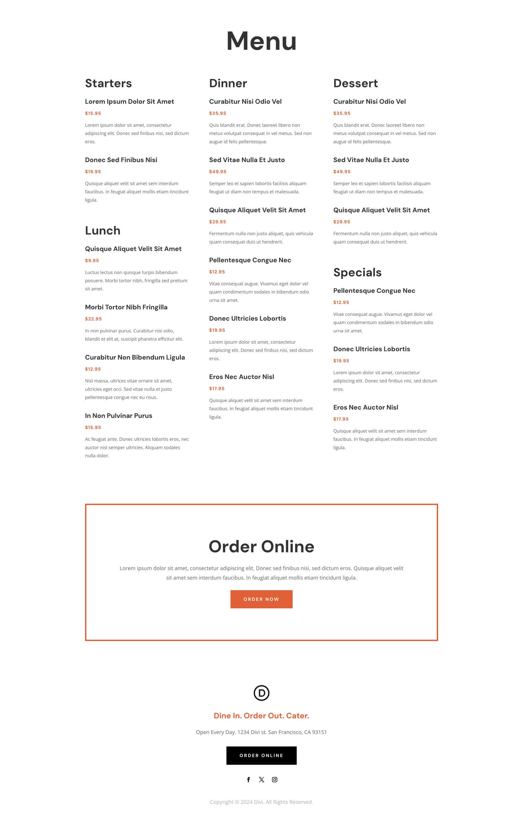 Eatery Menu Page Divi Layout by Elegant Themes