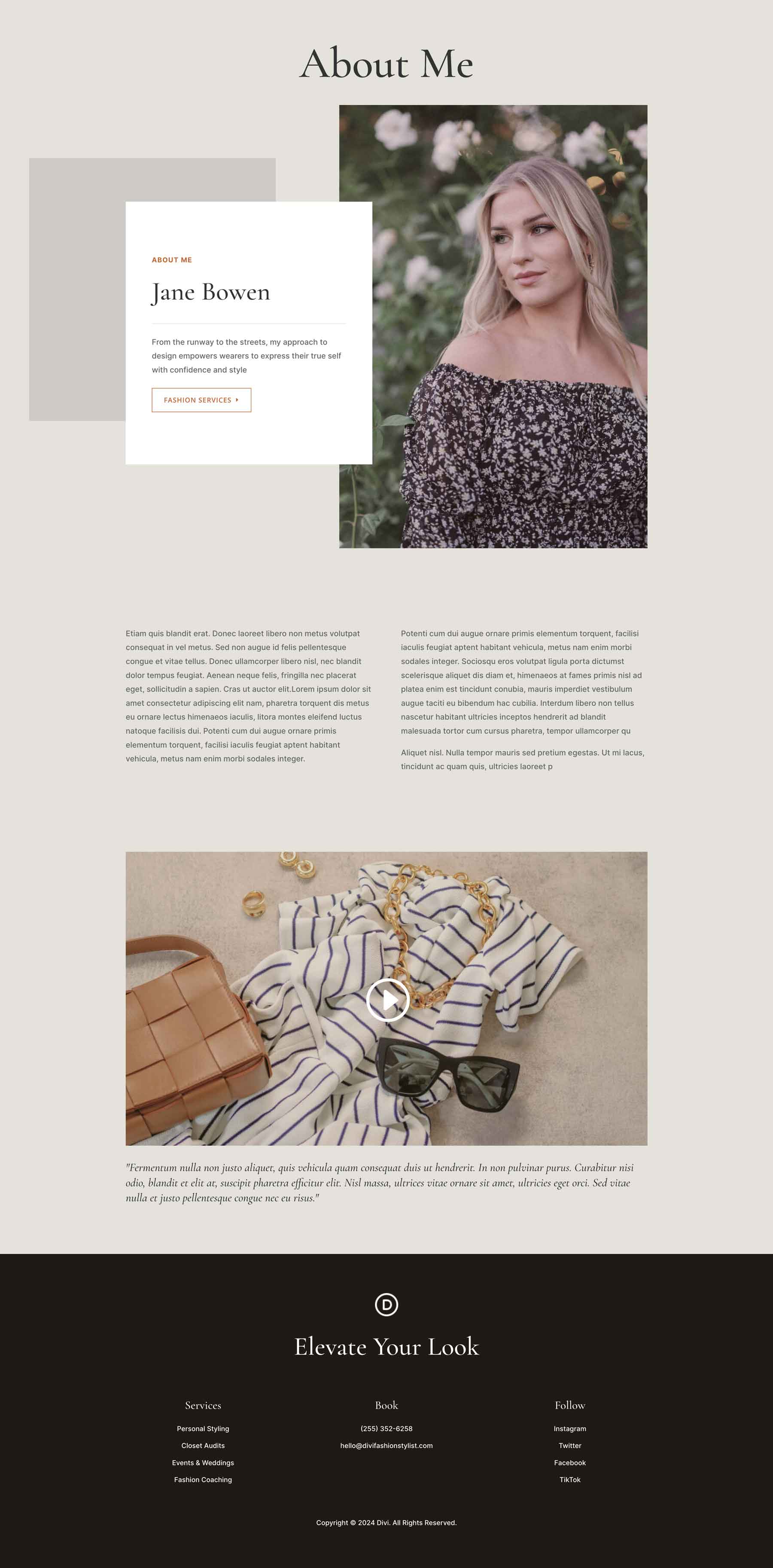 Fashion Stylist About Page Divi Layout by Elegant Themes